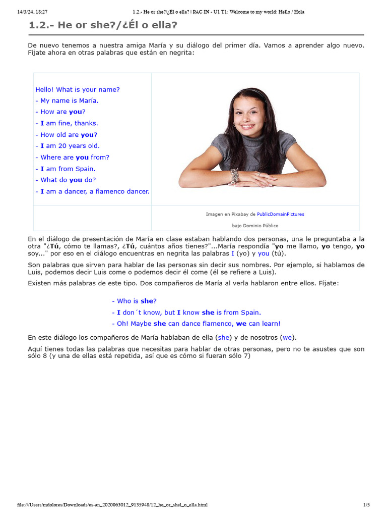 Unit 1 - Él o Ella | PDF