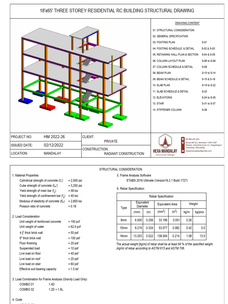 18'X65' Three Storey Residential RC Building Structural Drawing | PDF ...