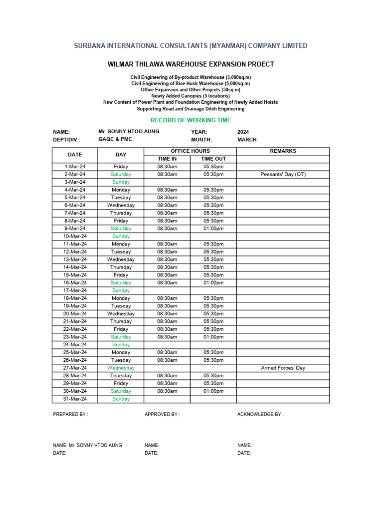March 2024 Working Time Record | PDF