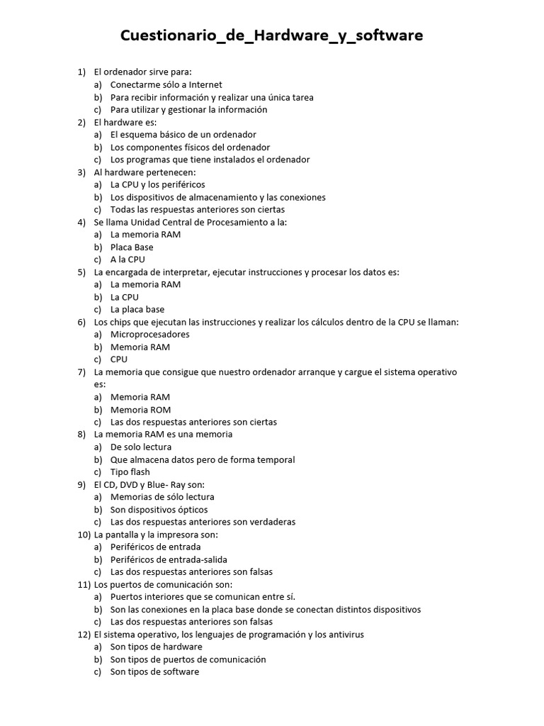 ACTIVIDAD 1 - Cuestionario - de - Hardware - y - Software | PDF | Hardware de la computadora ...