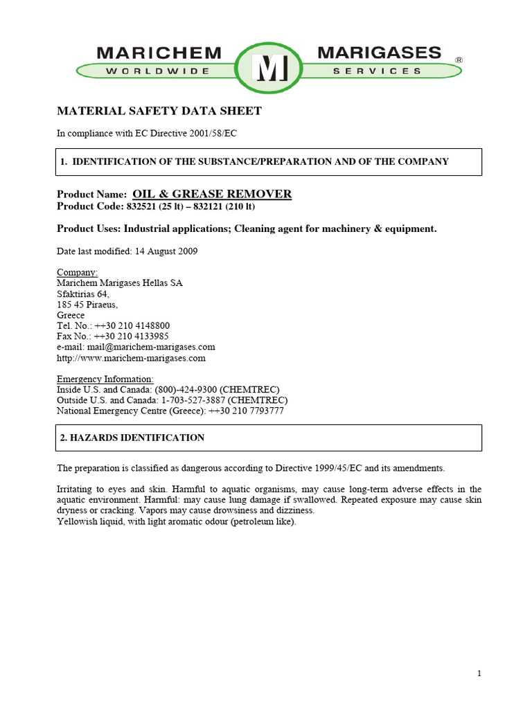 Oil & Grease Remover | PDF | Toxicity | Firefighting