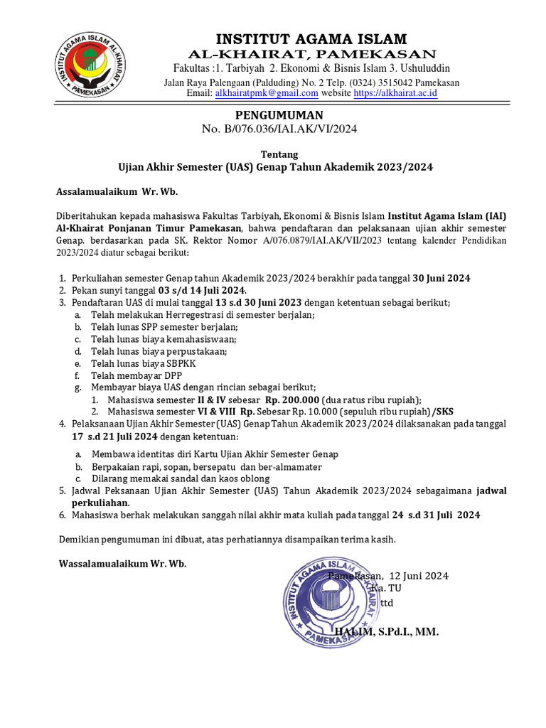 Surat UAS Genap Mahasiswa 2024 | PDF