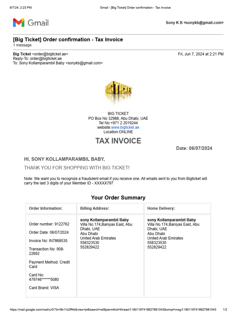 Gmail - (Big Ticket) Order Confirmation - Tax Invoice | PDF | Invoice ...