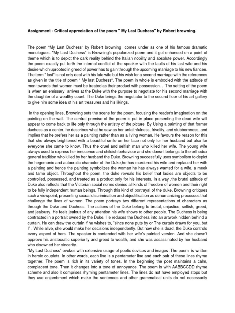 My Last Duchess Critical Appreciation | PDF | Poetry