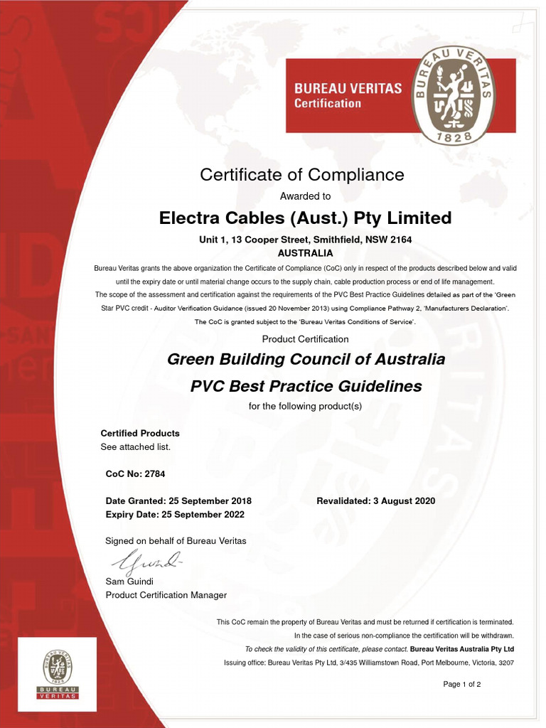 PVC Best Practice - Certificate - Electra Cables - 030820 | PDF ...
