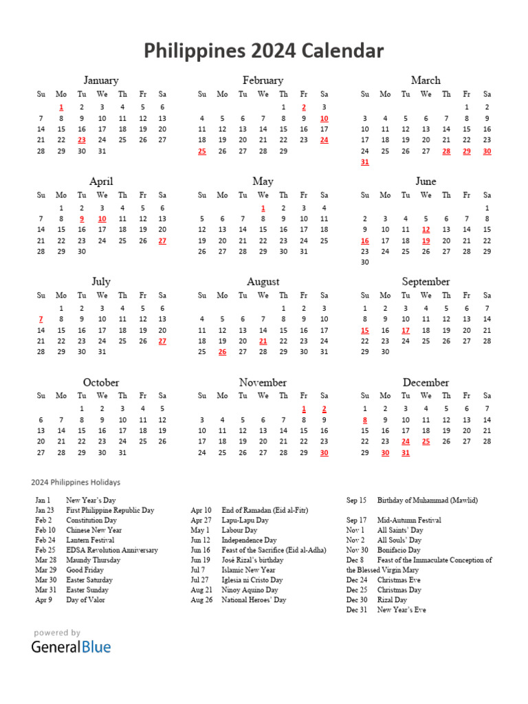 2024 Calendar Printable With Holidays Portrait Sunday Start en PH | PDF | Observances ...