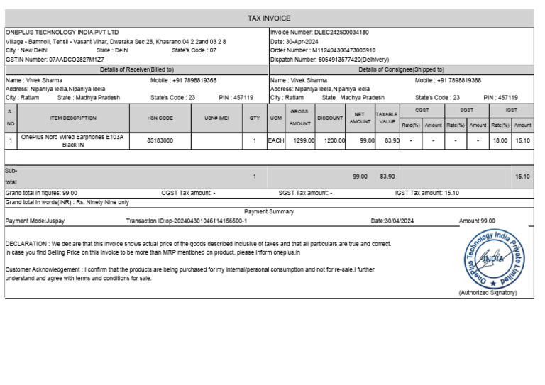 OnePlus India Tax Invoice April 2024 | PDF | Invoice | Taxes