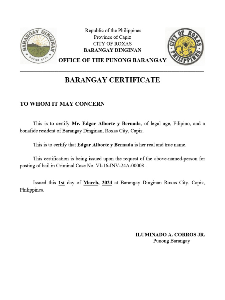 Barangay Certification for Bail Purposes | PDF | Law
