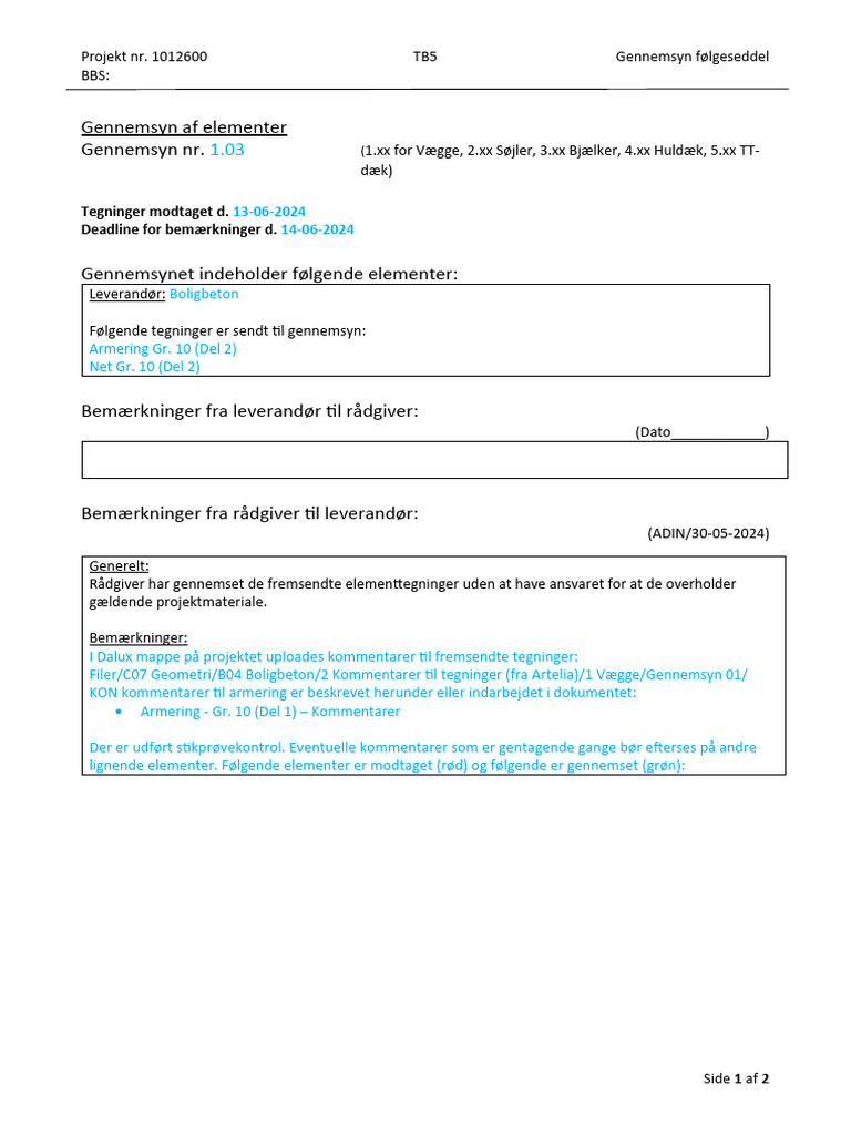 TB5 - K00 - C10 - Gennemsyn Følgeseddel - N001 - Armering (Del 2) | PDF