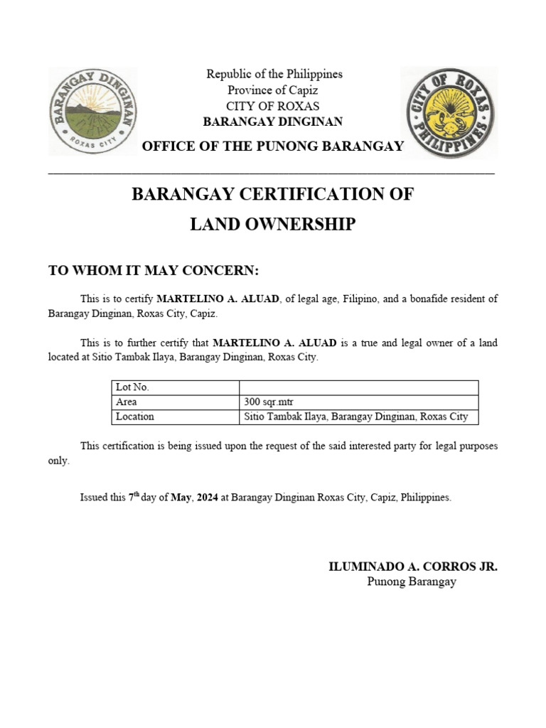 Brgy - Certification of Land Ownership | PDF