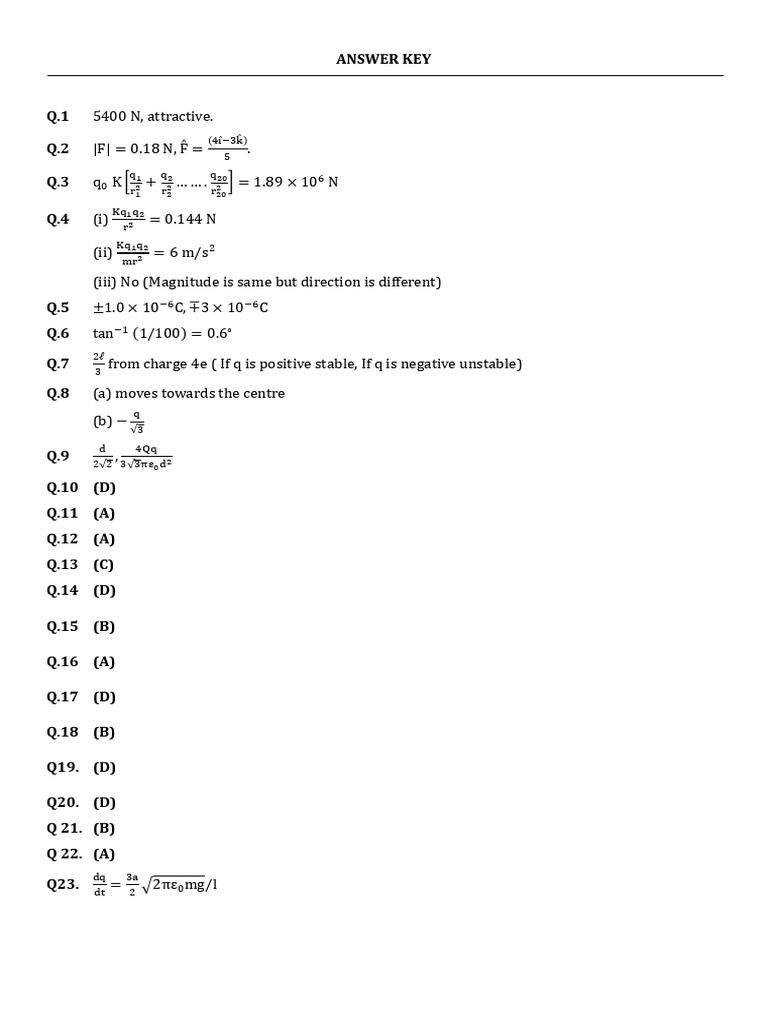 Physics Xii Electrostatics DPP - 1 Answer Keys Diptanshu Sir | PDF