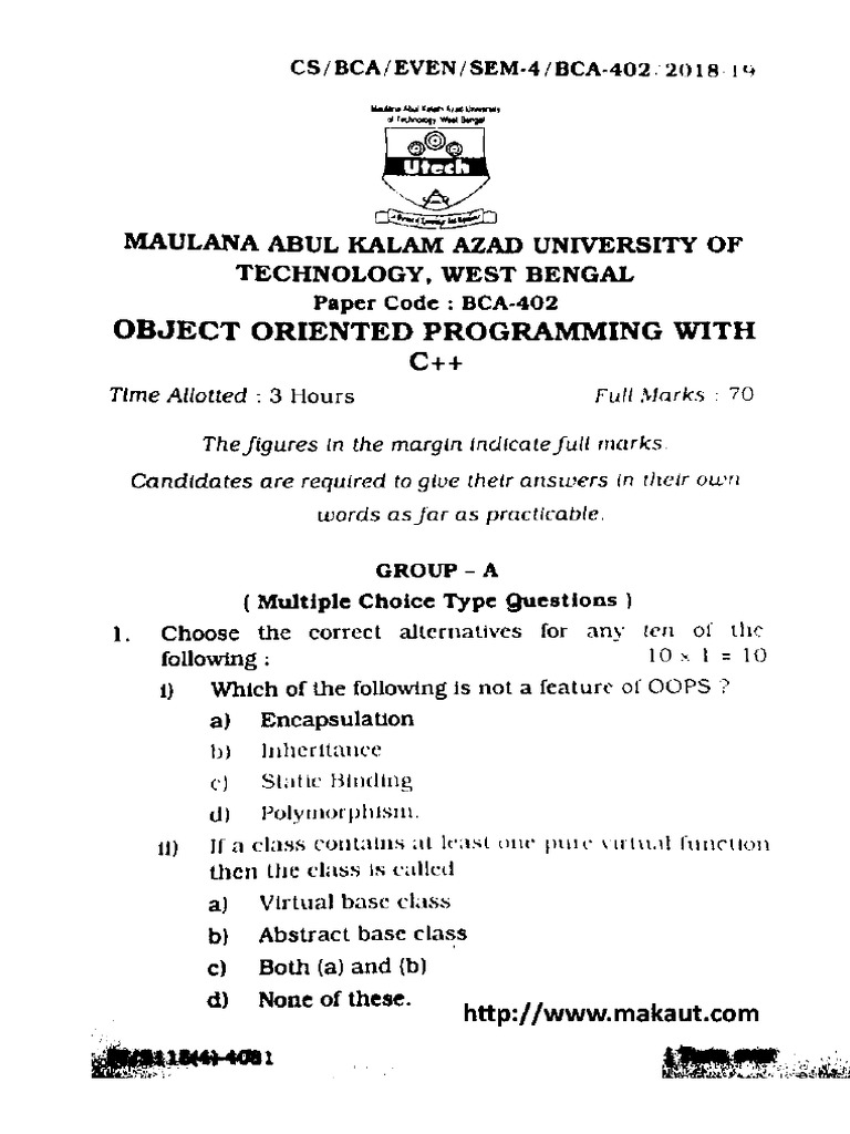 Bca 4 Sem Object Oriented Programming With CPP Bca 402 2019 | PDF