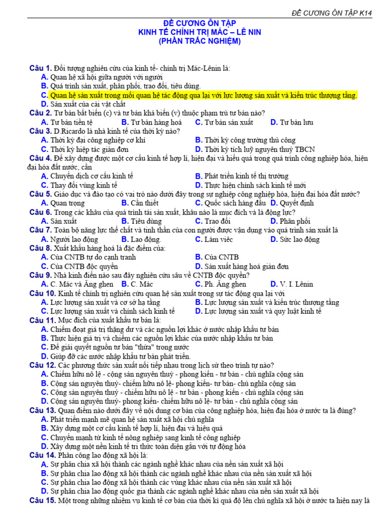 De Cuong On Tap K14 | PDF