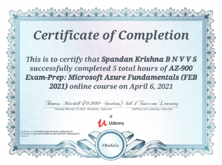 Az900 Fundamentals Udemy Certificate | PDF