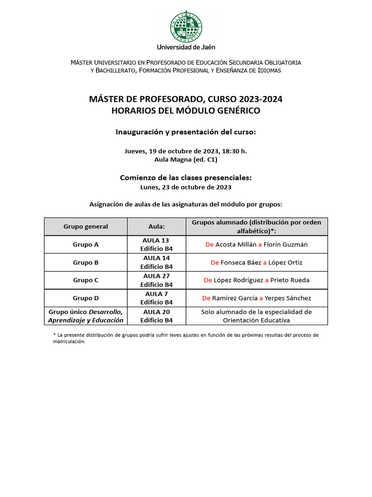 HORARIO - MAES - Módulo - Genérico - 2023 Corrección Erratas 1 | PDF | Maestros | Salón de clases