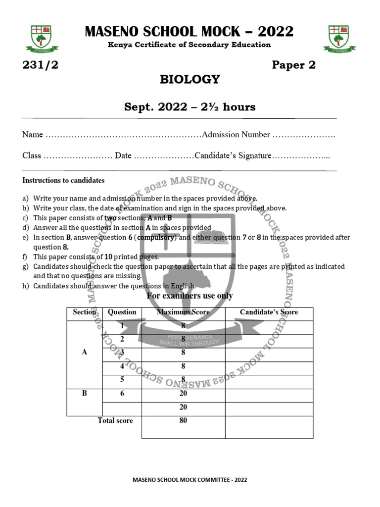 Biology Paper 2 Mock 2022 | PDF | Biology