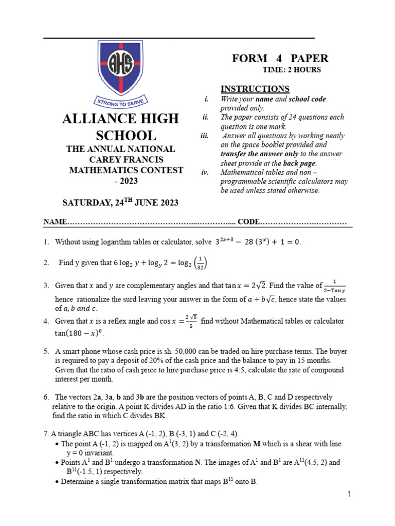 Alliance Maths Contest - Form 4 Test | PDF | Circle | Area