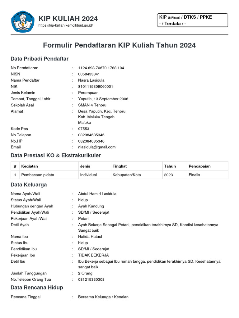 Formulir Peserta KIP Kuliah 2024 | PDF