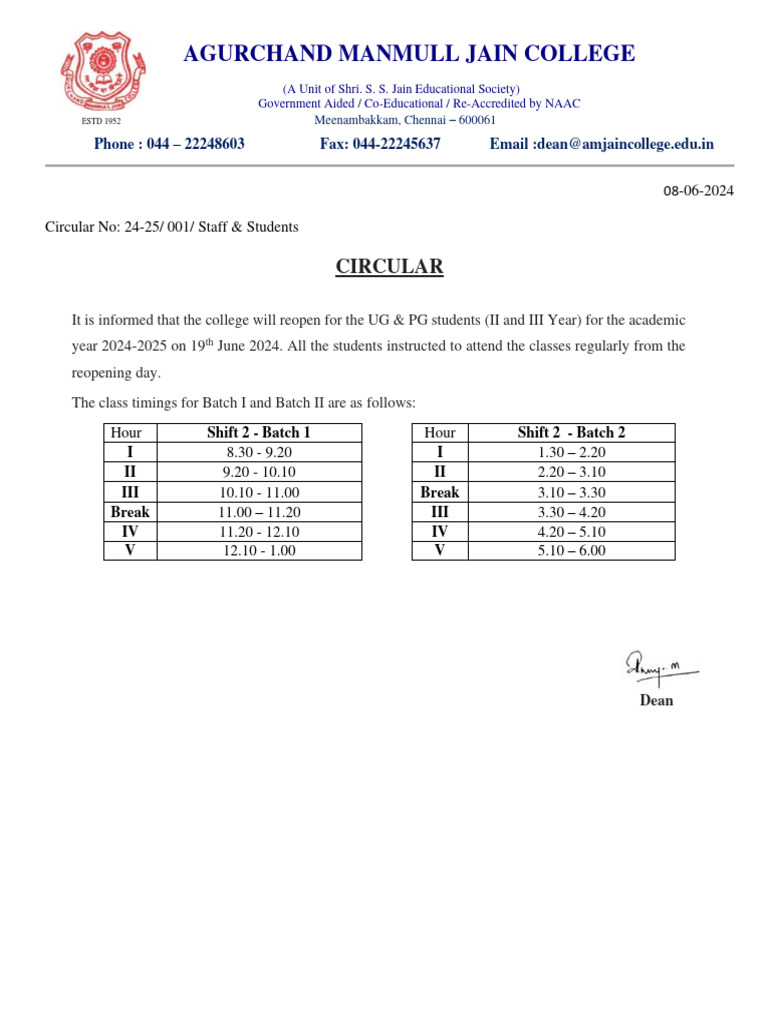 AM Jain College Reopening Notice 2024 | PDF