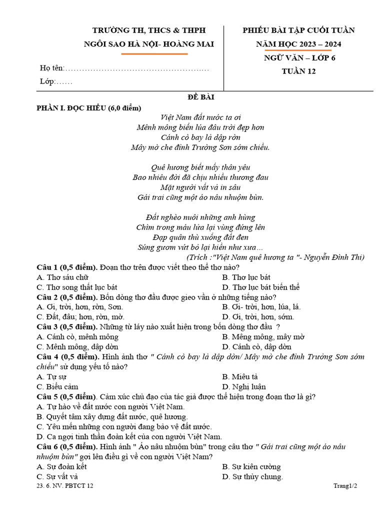 NV6. Pbtct. 24.11.2023. Tuần 12 | PDF