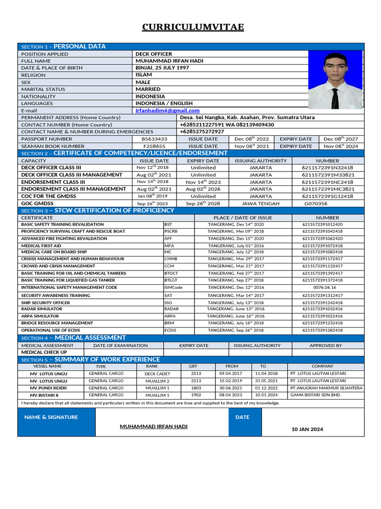 CV - ANT III IRFAN Management 2024 | Download Free PDF | Merchant Navy ...