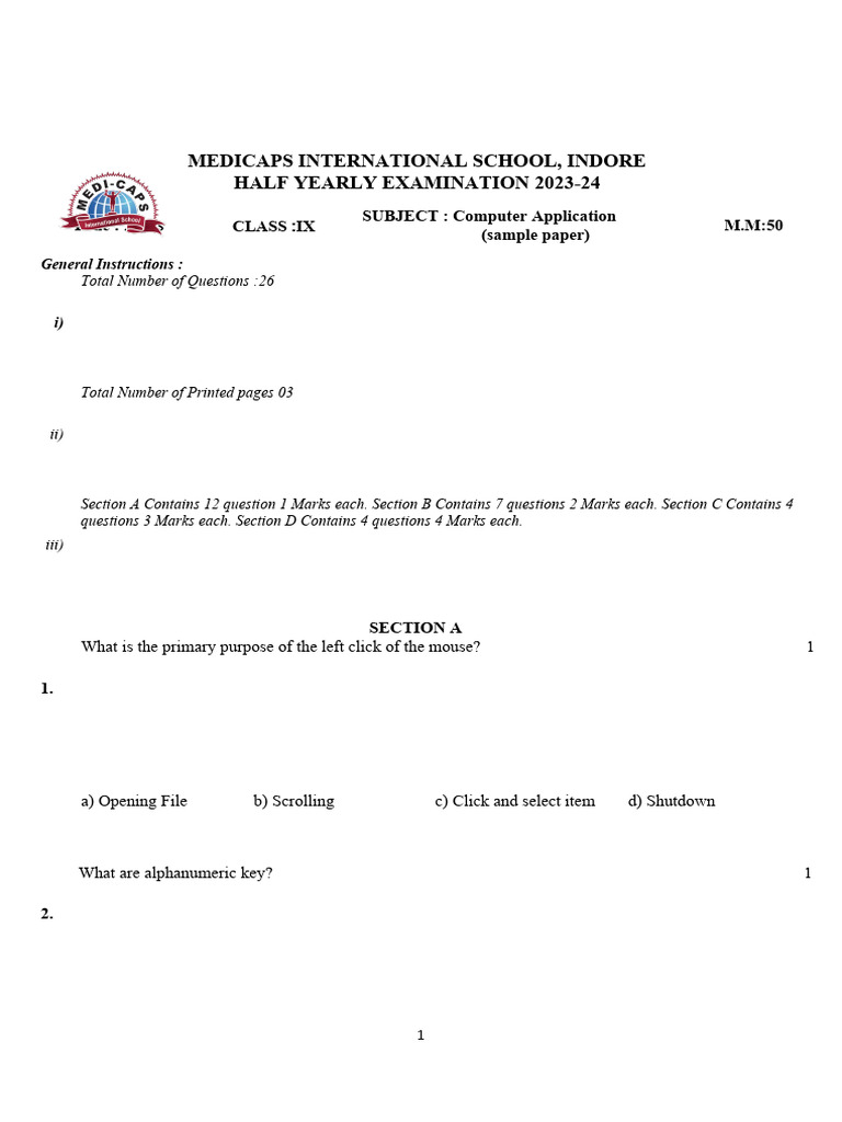 9 Computer Application Sample Paper | Download Free PDF | Graphical User Interfaces | Window ...