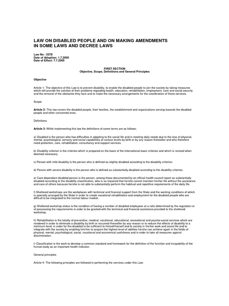 Turkey Turkish Disability Act TDA No. 5378 of 2005 | PDF | Disability ...