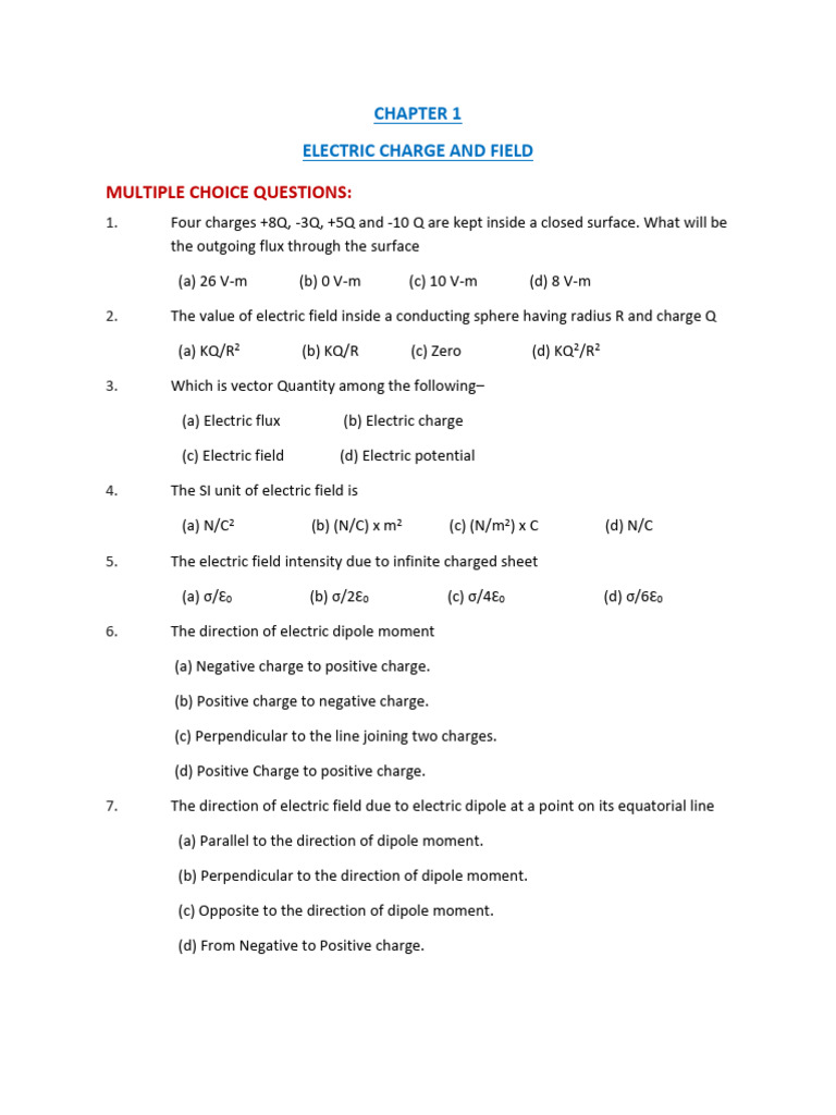Chapter 1 Mcqs | PDF | Electric Field | Flux