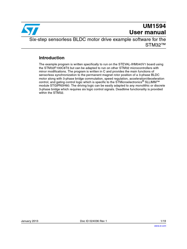 Six-Step Sensorless BLDC Motor Drive Example Software For The STM32™ | PDF | Analog To Digital ...