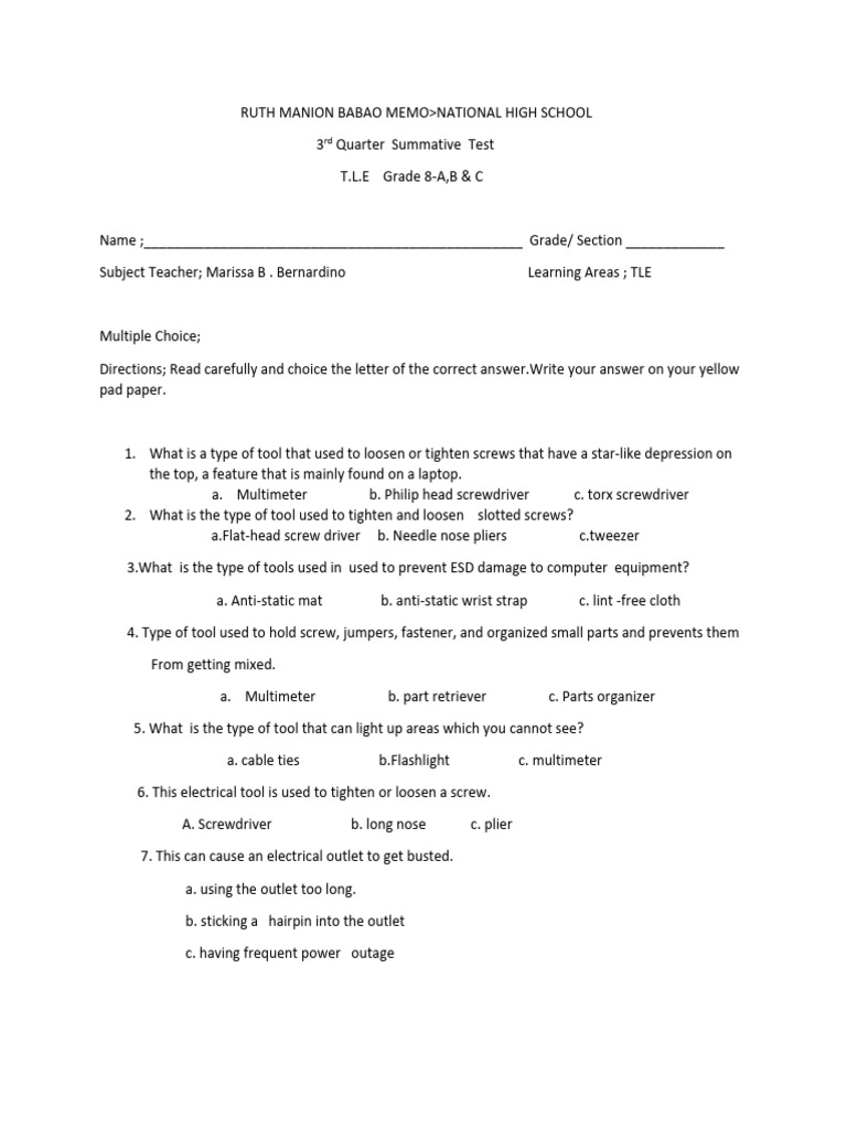 TLE Grade 8 End of 3rd Quarter C Summative Test) | PDF | Tap (Valve ...