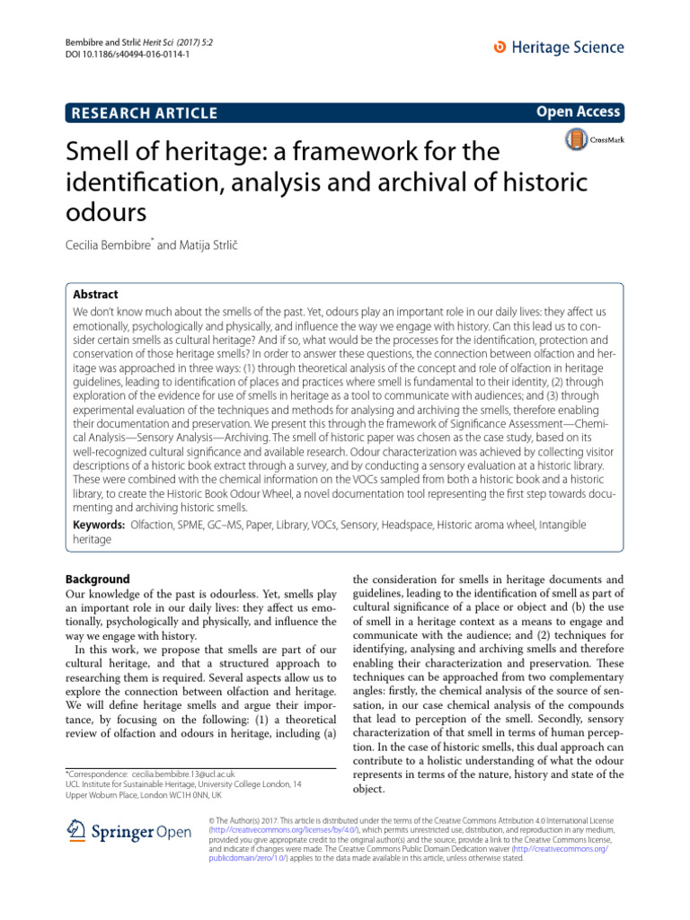 Smell of Heritage: A Framework For The Identification, Analysis and Archival of Historic Odours ...