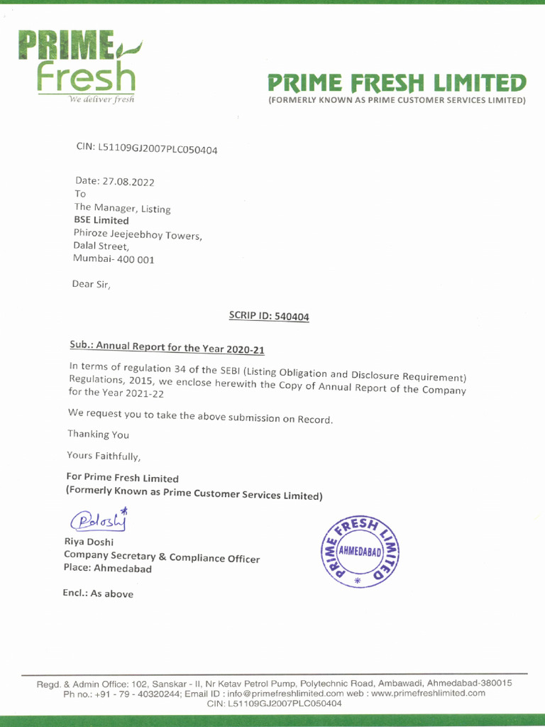 Prime Fresh Limited - Annual Report - 27-08-2022 | PDF | Login ...