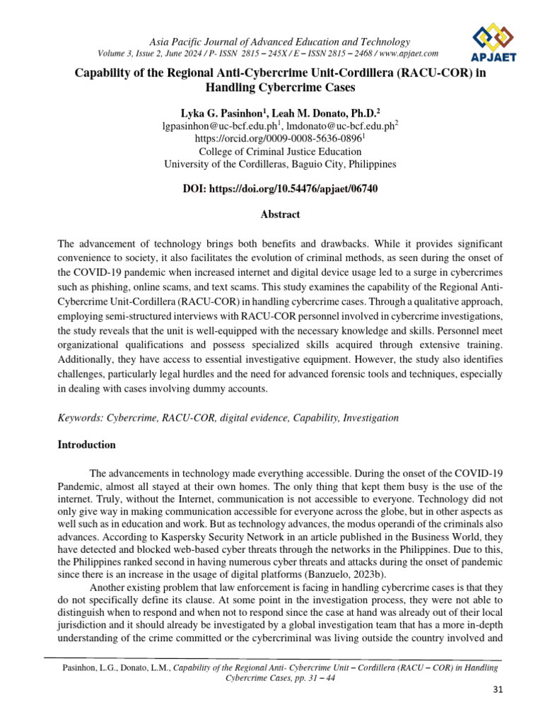 Capability of the Regional Anti-Cybercrime Unit-Cordillera (RACU-COR) in Handling Cybercrime ...