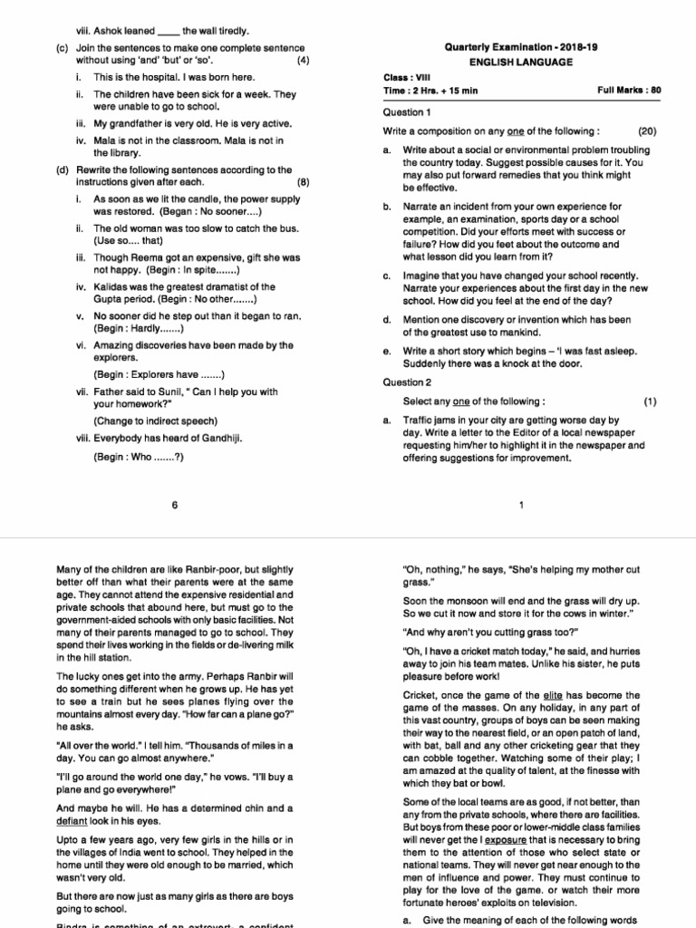 Icse Class 8 Qty English Language 2019 | PDF