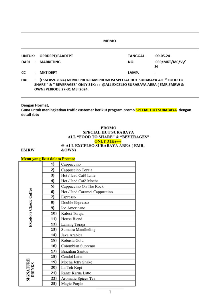 (LSM 059-2024) Memo Program Promosi Special Hut Surabaya All " Food To Share " & " Beverages ...