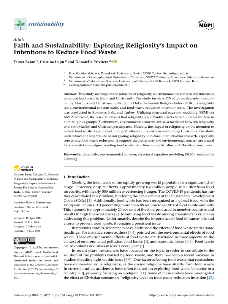 Faith and Sustainability: Exploring Religiosity’s Impact on Intentions ...