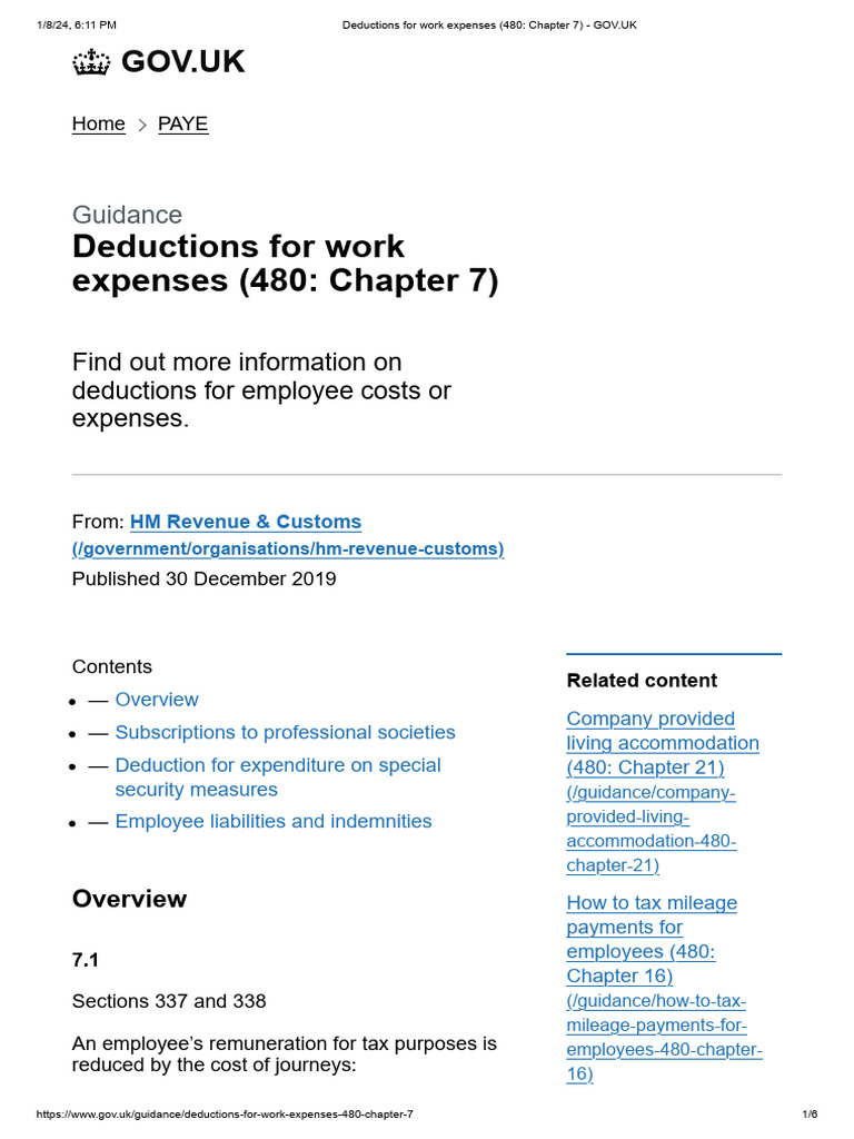 Deductions For Work Expenses (480 - Chapter 7) - GOV - UK | PDF | Tax Deduction | Expense