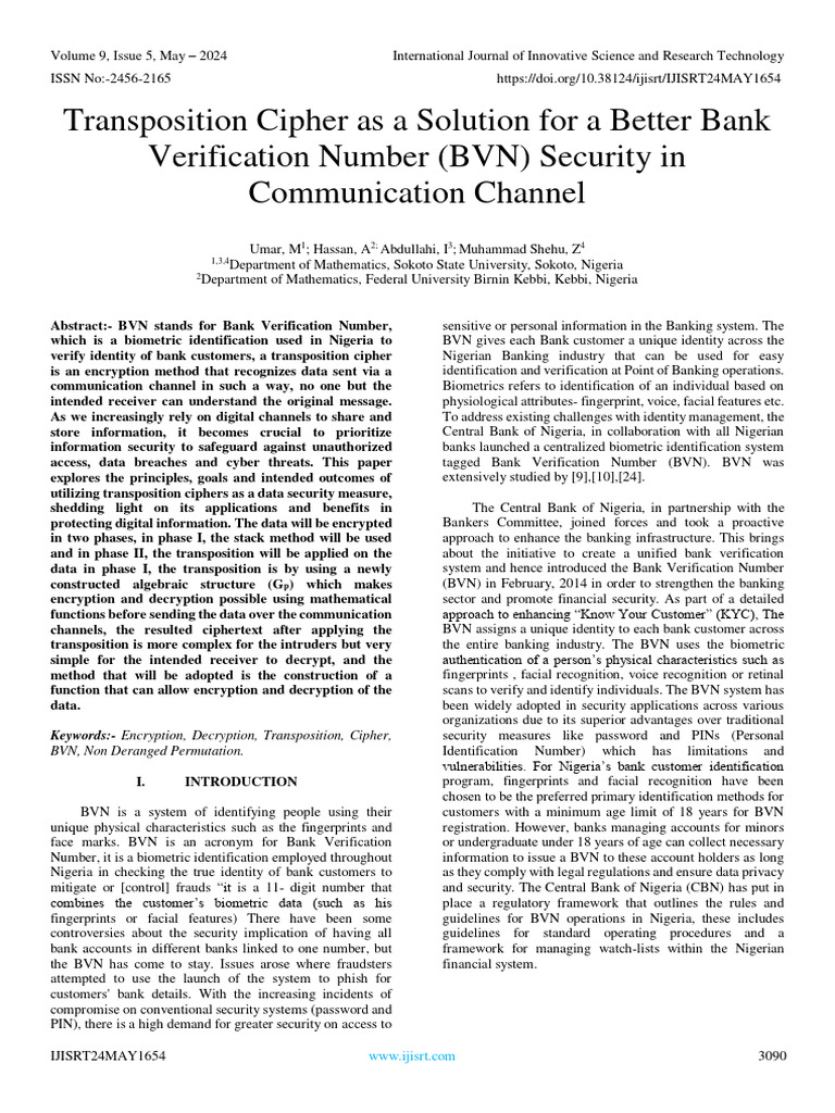 Transposition Cipher As A Solution For A Better Bank Verification Number (BVN) Security in ...