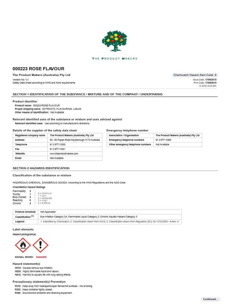 000223 Rose Flavour Sds Download Free Pdf Dangerous Goods Toxicity