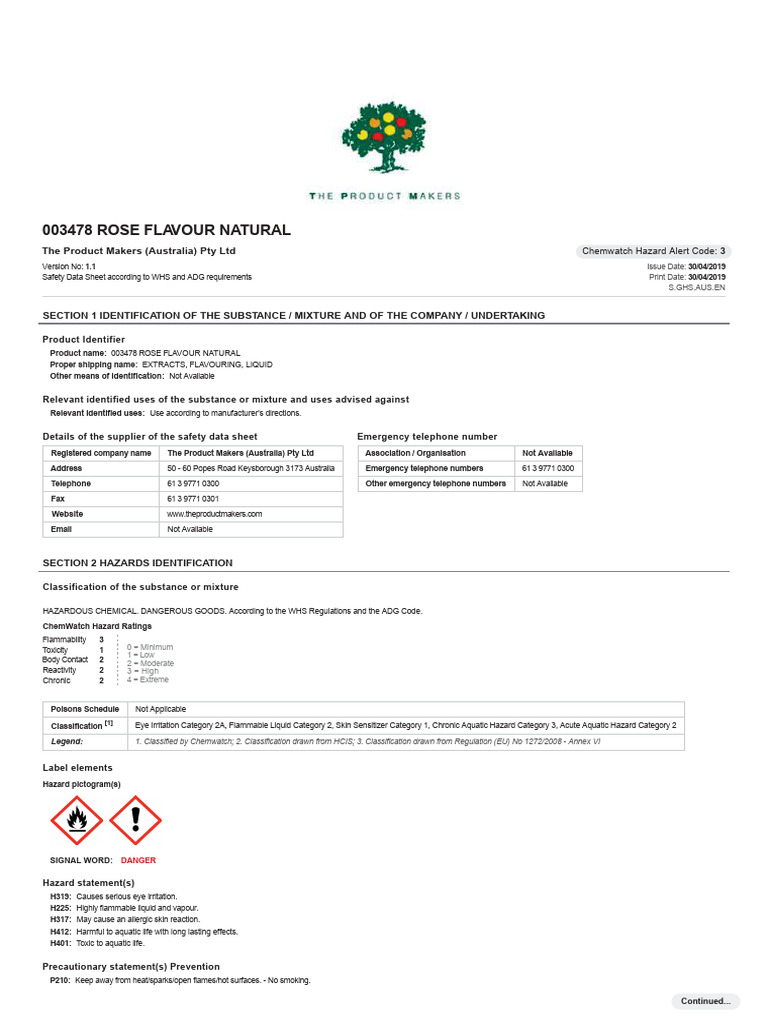 Rose Flavour Natural - SDS | PDF | Dangerous Goods | Dermatitis