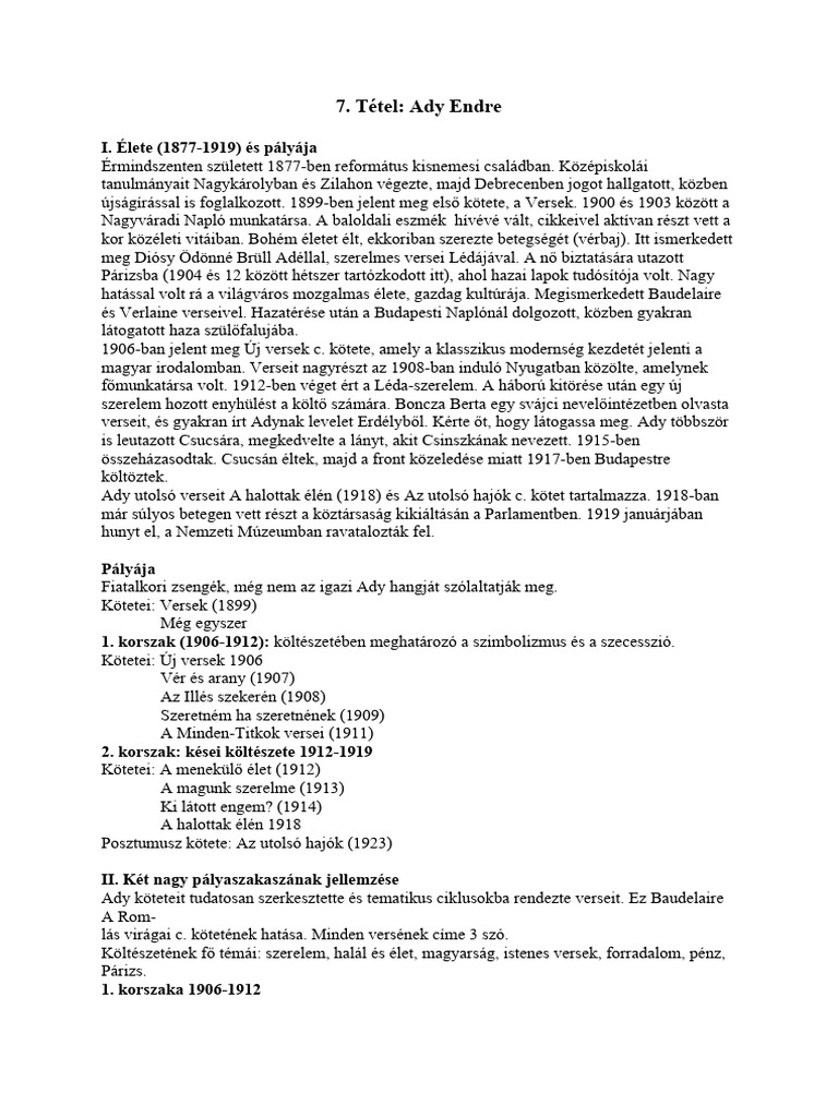 Tétel - Ady Endre Szerelmi Költészete | PDF