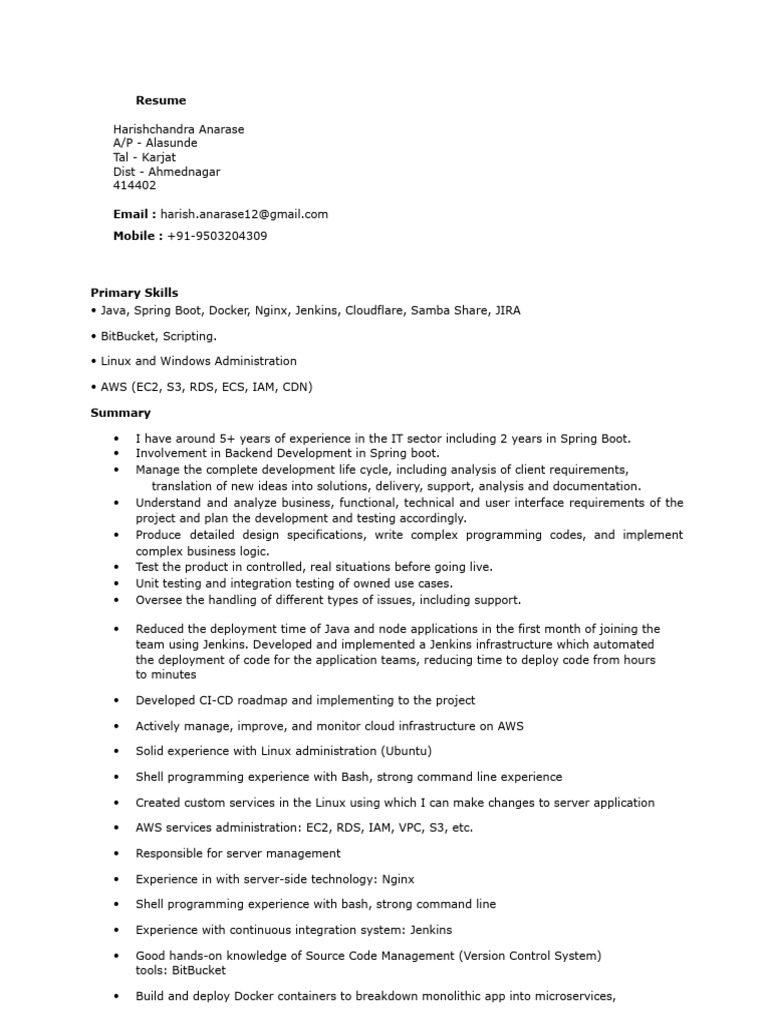 Harrish Anarase Java-Spring Boot Experience Resume | PDF | Computer ...