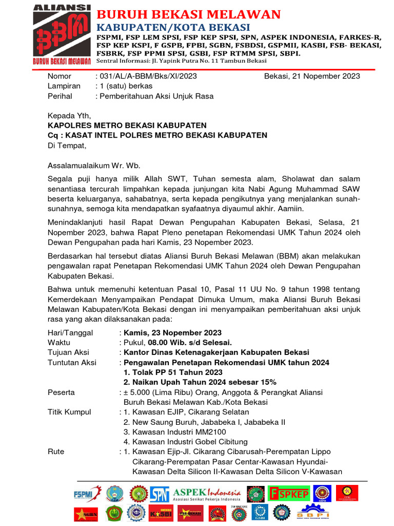 Pemberitahuan Aksi Unjuk Rasa Pengawalan Upah Tahun 2024 | PDF