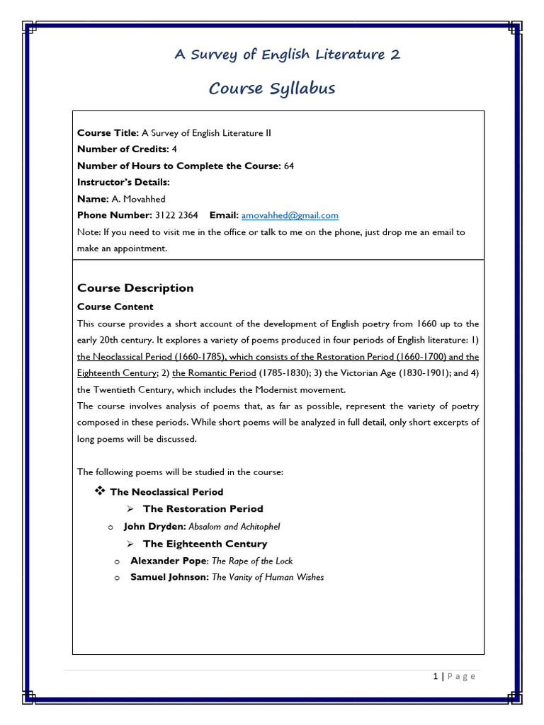 English Literature II Course Syllabus | PDF | Poetry