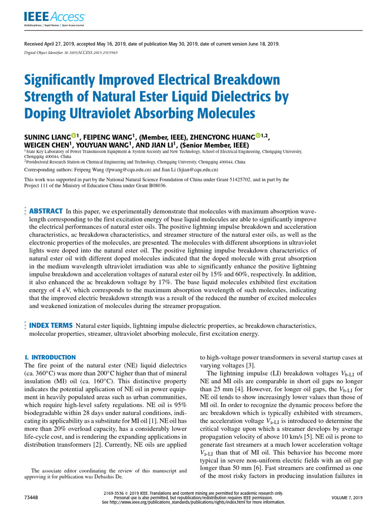 Significantly Improved Electrical Breakdown Strength of Natural Ester ...