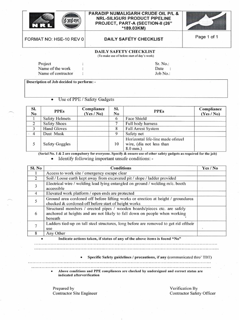 Hse 10 Daily Safety Checklist | PDF