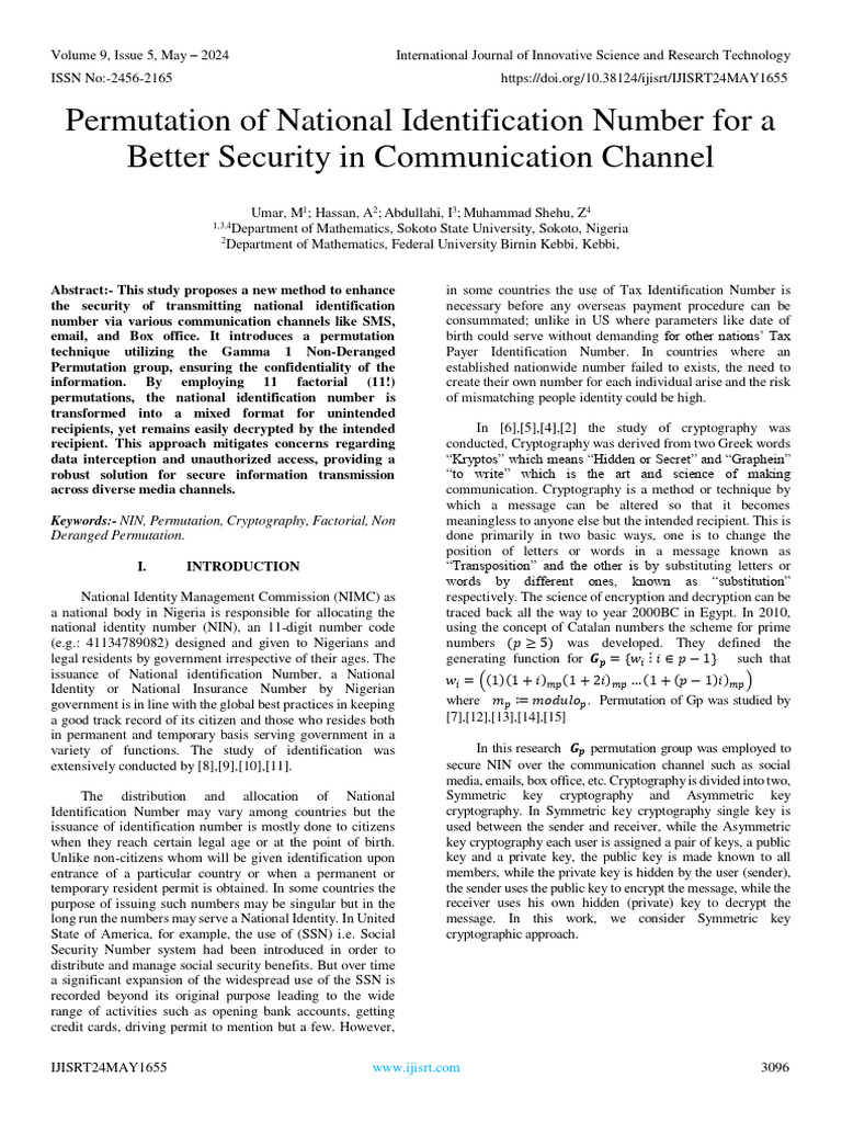 Permutation of National Identification Number for a Better Security in Communication Channel ...