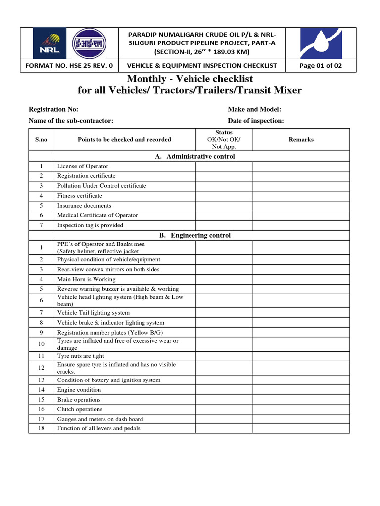 HSE 25 Vehicle Safety Inspection Checklist | PDF | Vehicles | Land Vehicles