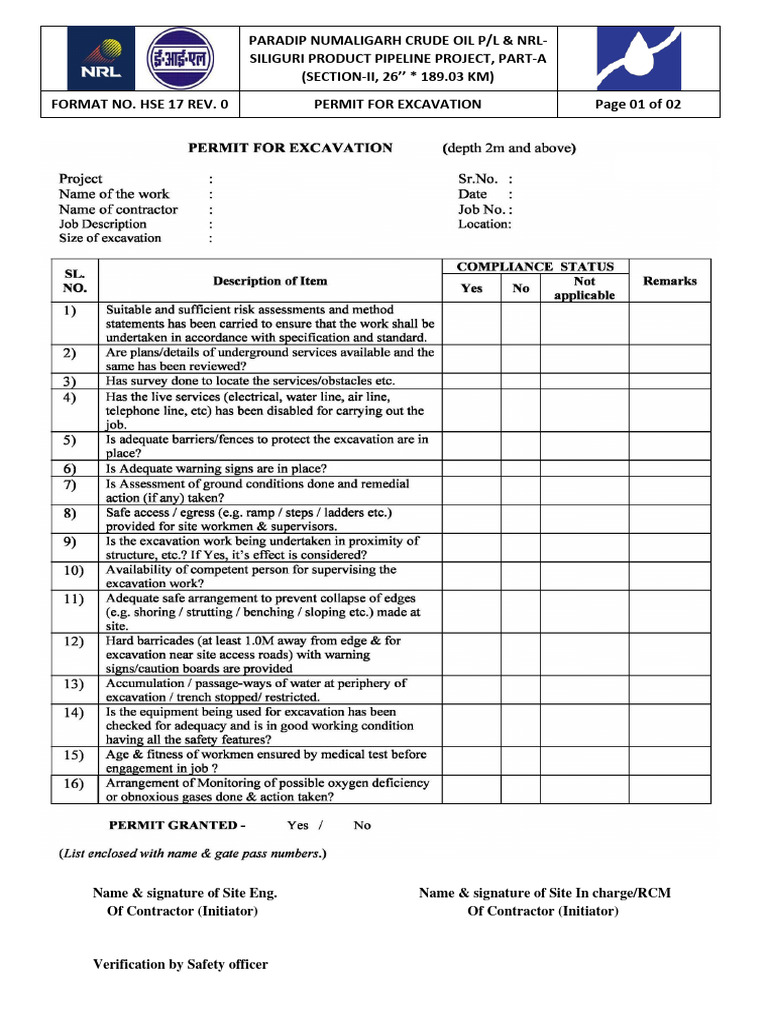 HSE 17 Permit For Excavation | PDF