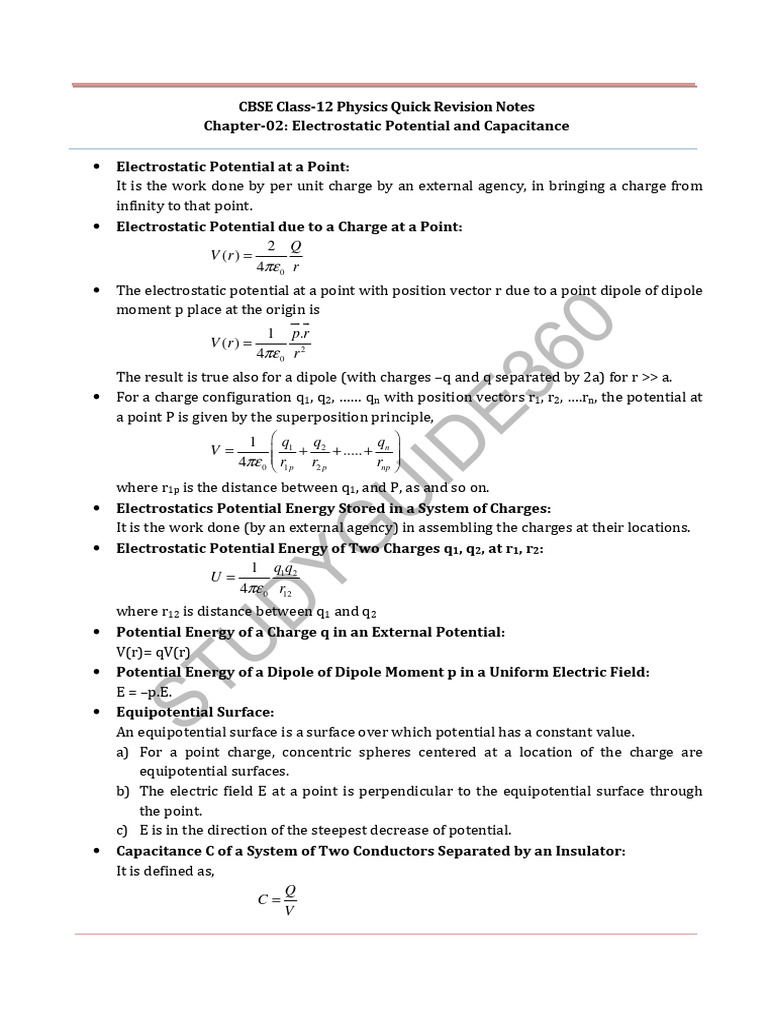 CLASS 12 Physics Notes Chapter 02 Electrostatic Potential and ...